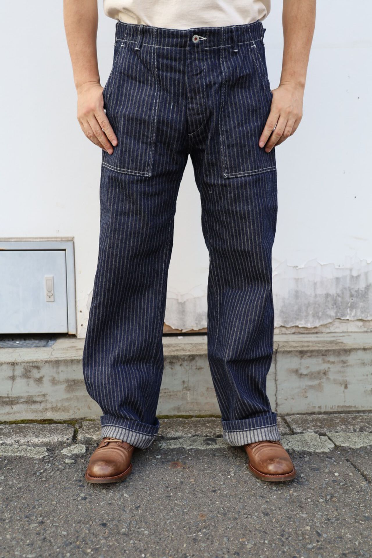 ONI207-HJS Drop-Needle Stiching Jacguard Stripe Denim Baker Pants